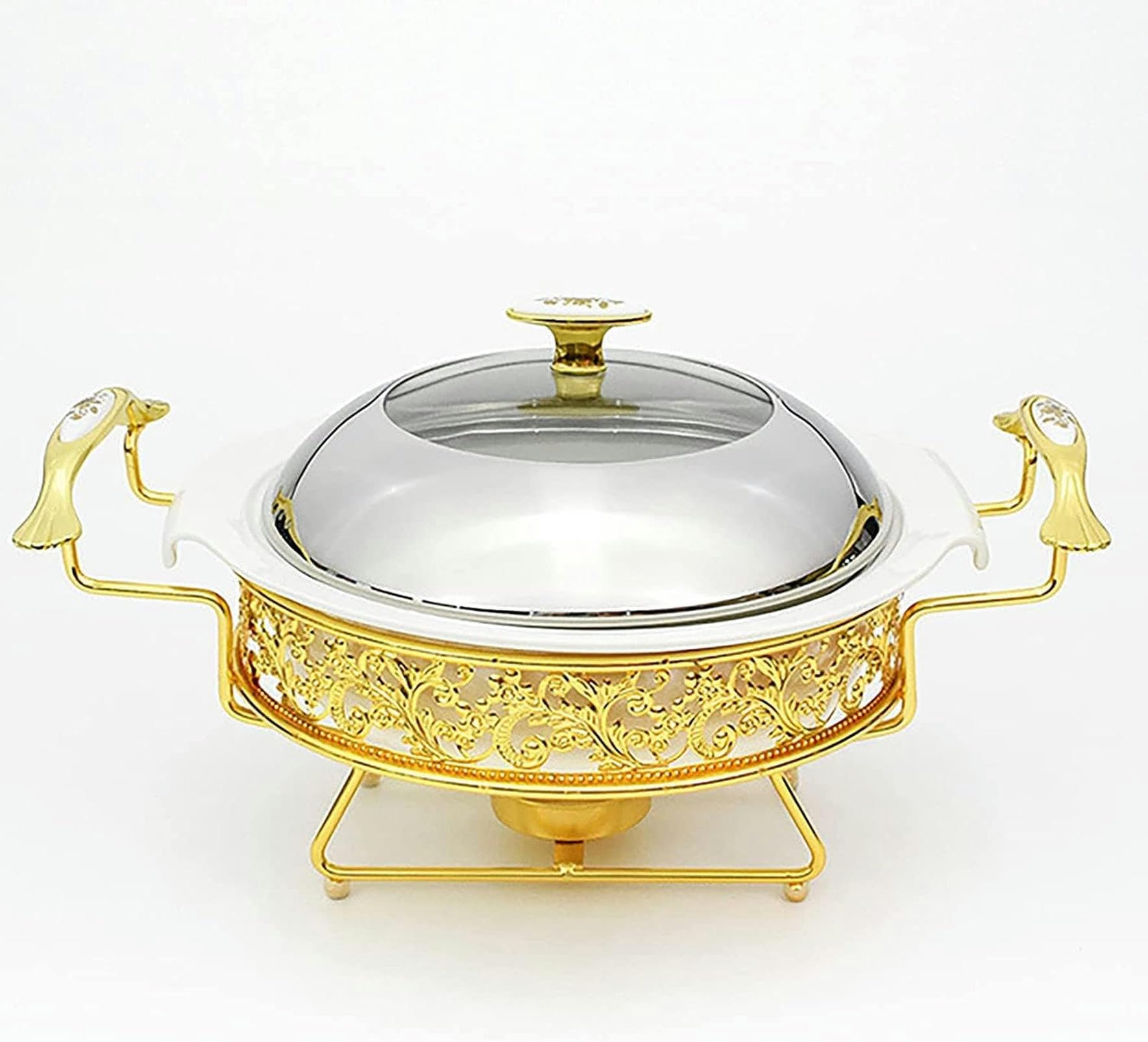 FLTRGO Food Warmer for Parties Buffets, Food Warming Tray Golden Pattern Chafing Dish Buffet Set, Round Stainless Steel Chafer with Lid for Buffet Weddings Parties Banquets Catering Events