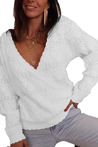 Dokotoo Womens Tops Sweaters Ladies V Neck Pullover Stylish Casual 2023 Fall Winter Long Sleeve Oversized Lightweight Comfy Cable Knit Pullover Cropped White