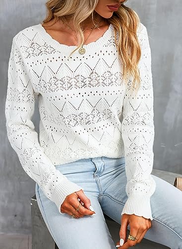 Dokotoo Womens Tops Sweaters Ladies V Neck Pullover Stylish Casual 2023 Fall Winter Long Sleeve Oversized Lightweight Comfy Cable Knit Pullover Cropped White