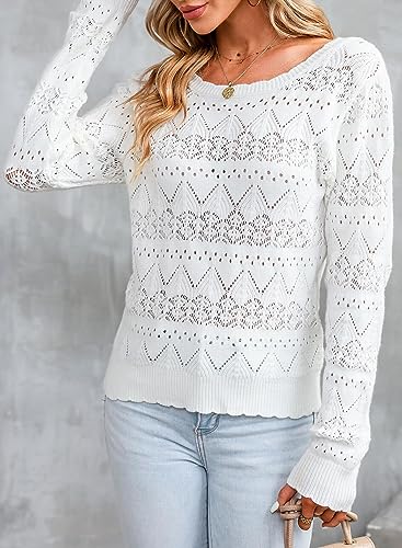 Dokotoo Womens Tops Sweaters Ladies V Neck Pullover Stylish Casual 2023 Fall Winter Long Sleeve Oversized Lightweight Comfy Cable Knit Pullover Cropped White