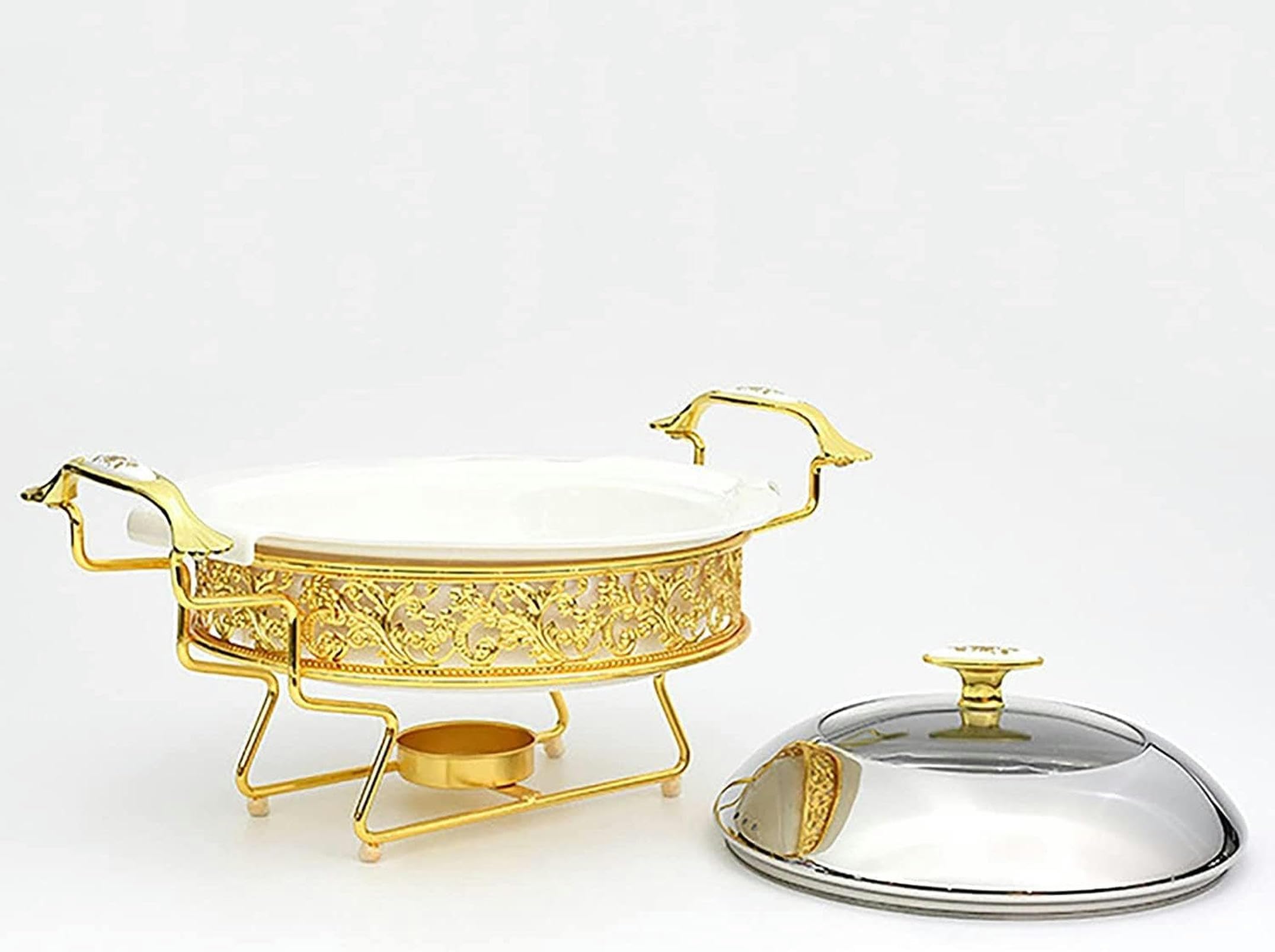 FLTRGO Food Warmer for Parties Buffets, Food Warming Tray Golden Pattern Chafing Dish Buffet Set, Round Stainless Steel Chafer with Lid for Buffet Weddings Parties Banquets Catering Events