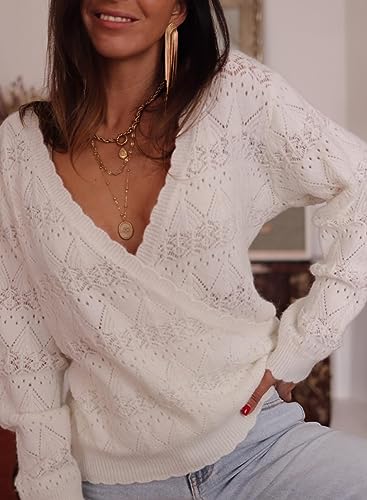 Dokotoo Womens Tops Sweaters Ladies V Neck Pullover Stylish Casual 2023 Fall Winter Long Sleeve Oversized Lightweight Comfy Cable Knit Pullover Cropped White