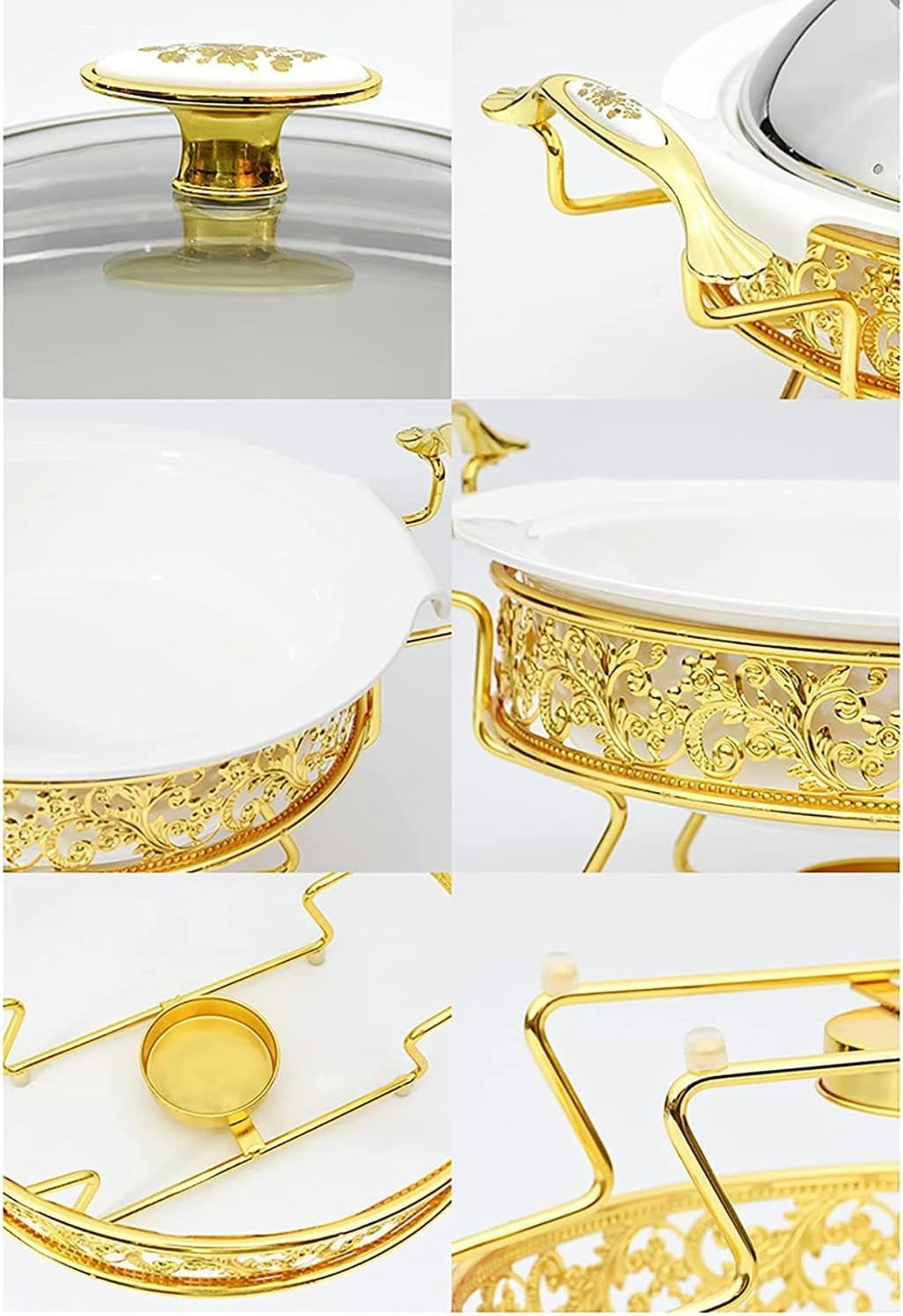 FLTRGO Food Warmer for Parties Buffets, Food Warming Tray Golden Pattern Chafing Dish Buffet Set, Round Stainless Steel Chafer with Lid for Buffet Weddings Parties Banquets Catering Events