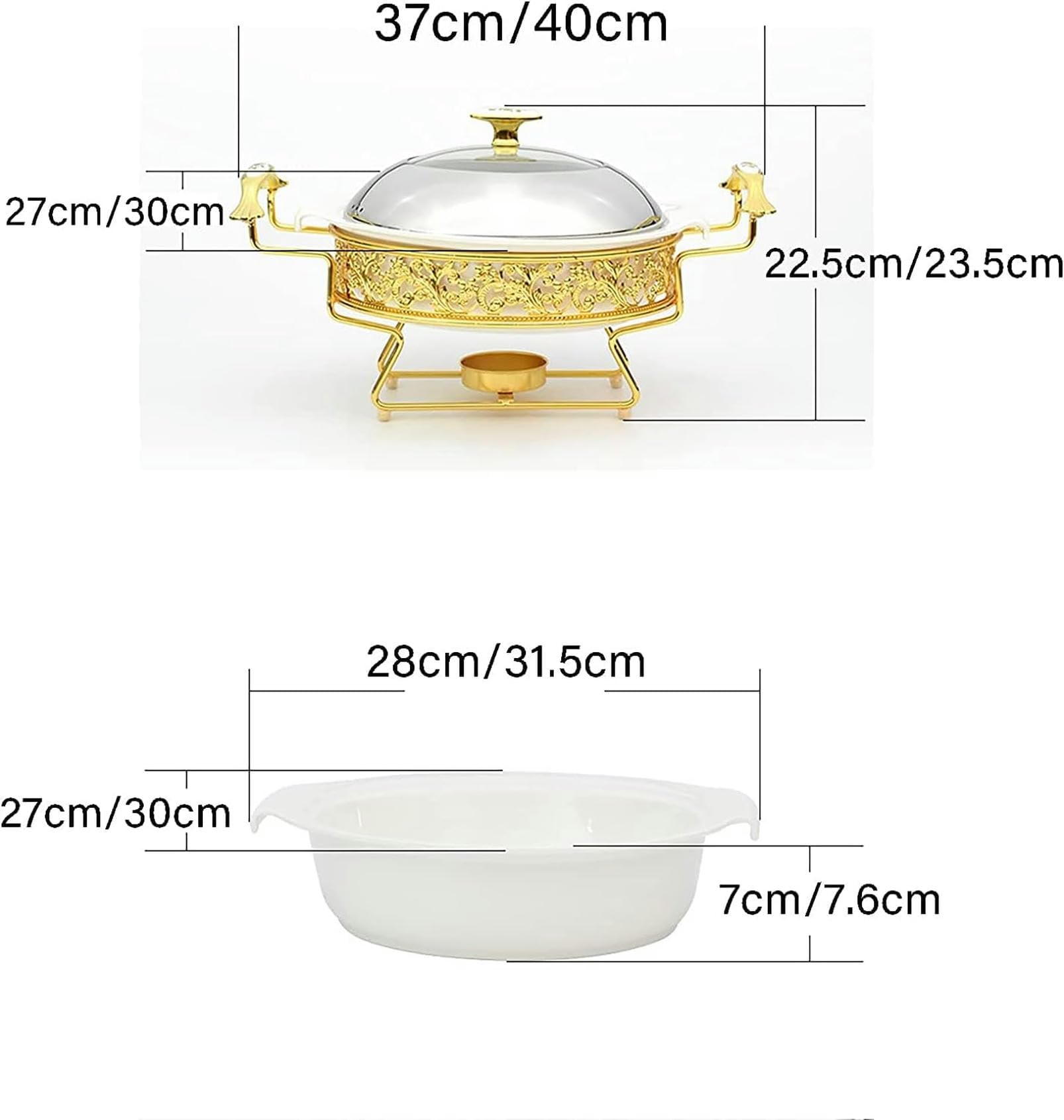 FLTRGO Food Warmer for Parties Buffets, Food Warming Tray Golden Pattern Chafing Dish Buffet Set, Round Stainless Steel Chafer with Lid for Buffet Weddings Parties Banquets Catering Events