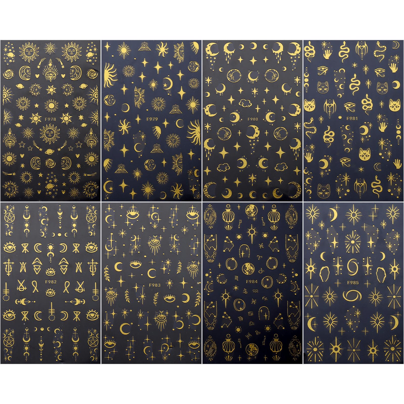 JMEOWIO 8 Sheets Moon Star Sun Nail Art Stickers Decals Self-Adhesive Pegatinas Uñas Gold Nail Supplies Nail Art Design Decoration Accessories
