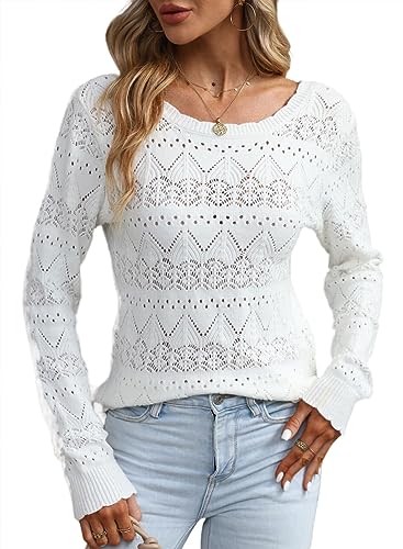 Dokotoo Womens Tops Sweaters Ladies V Neck Pullover Stylish Casual 2023 Fall Winter Long Sleeve Oversized Lightweight Comfy Cable Knit Pullover Cropped White