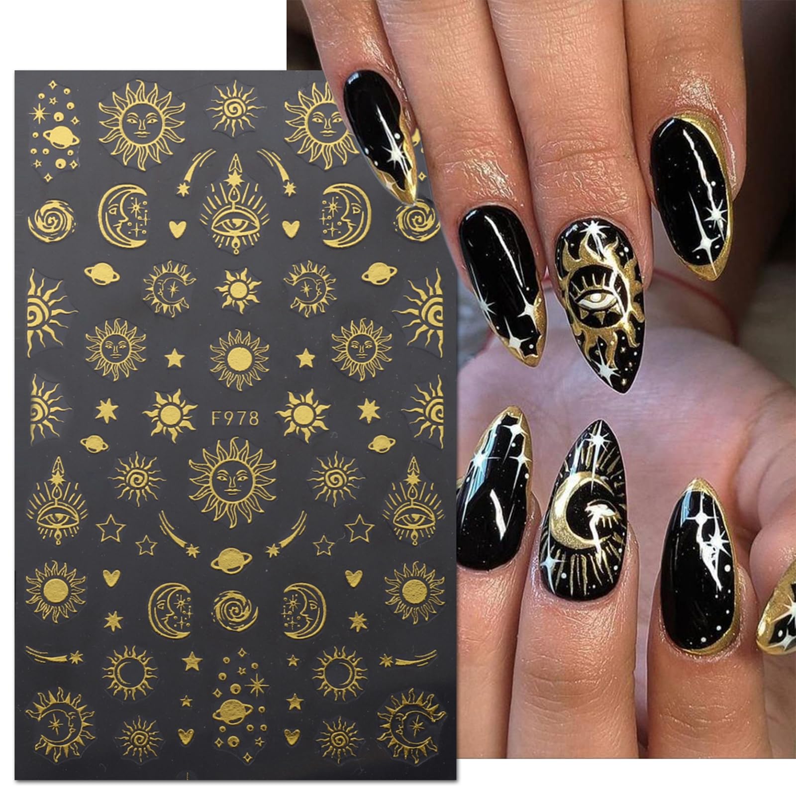 JMEOWIO 8 Sheets Moon Star Sun Nail Art Stickers Decals Self-Adhesive Pegatinas Uñas Gold Nail Supplies Nail Art Design Decoration Accessories