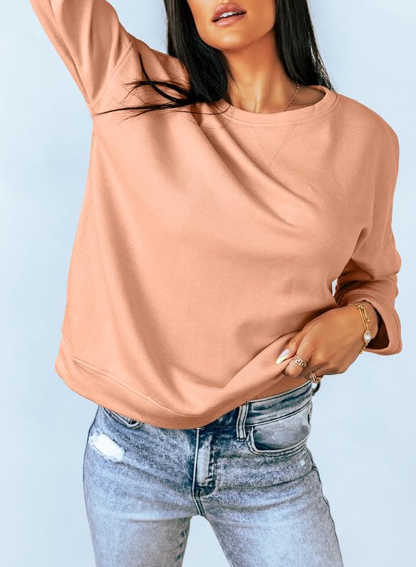 Dokotoo Women's Long Sleeve Crewneck Side Split Pullover Tunic Sweatshirt - Apricot Powder, Large