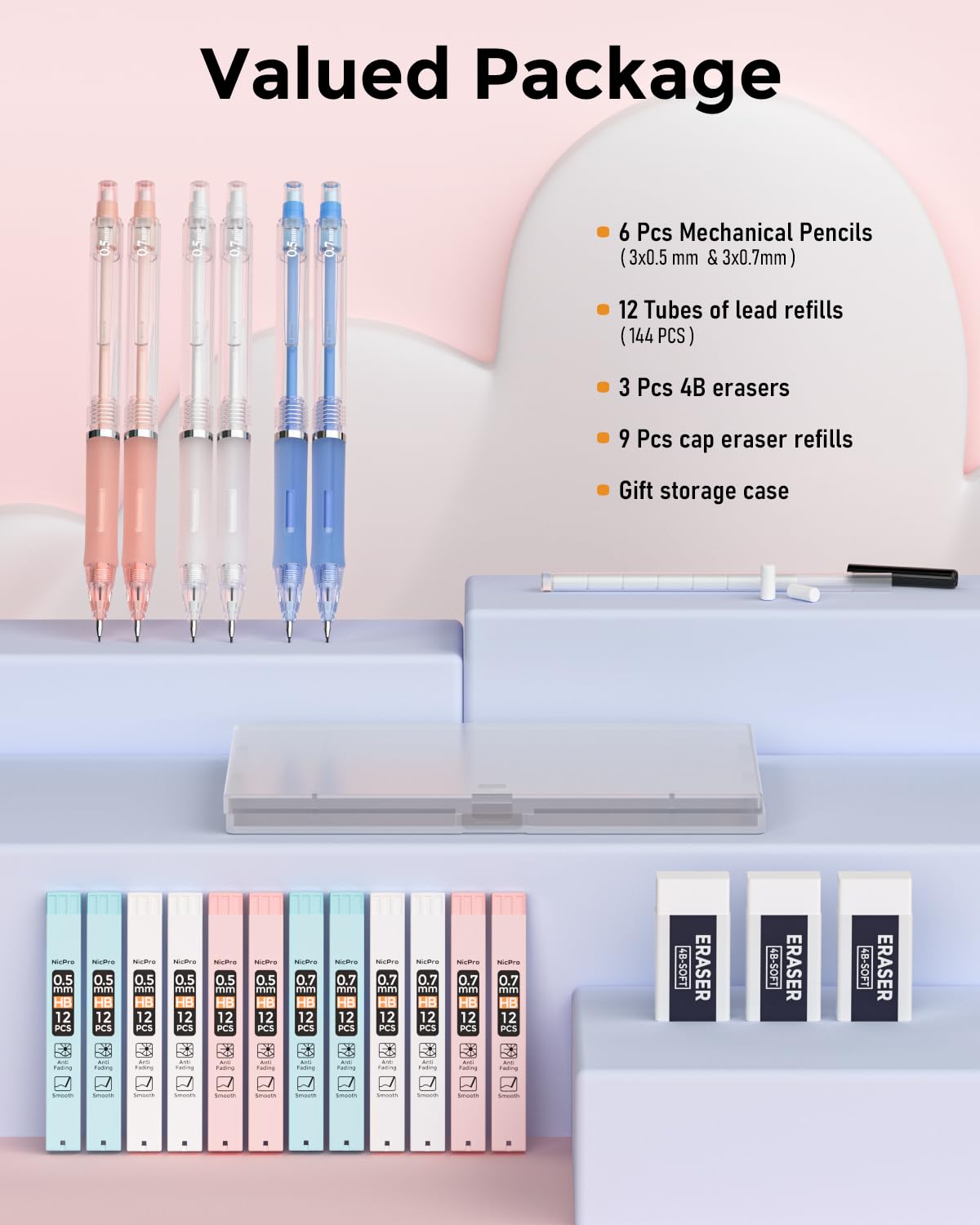 Nicpro 6 PCS Pastel Mechanical Pencil 0.5 & 0.7 mm with Case for School, with 12 tubes HB Lead Refills, 3 Erasers, 9 Eraser Refills For Student Writing, Drawing, Sketching, Blue & Pink & White Colors