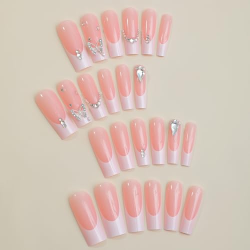 French Tip Press on Nails Long Square Fake Nails 3D Butterfly False Nails White French Tips Square Acrylic Nails Glossy Pink Artificial Nails Full Cover Long Stick on Nails for Women and Girls, 24Pcs
