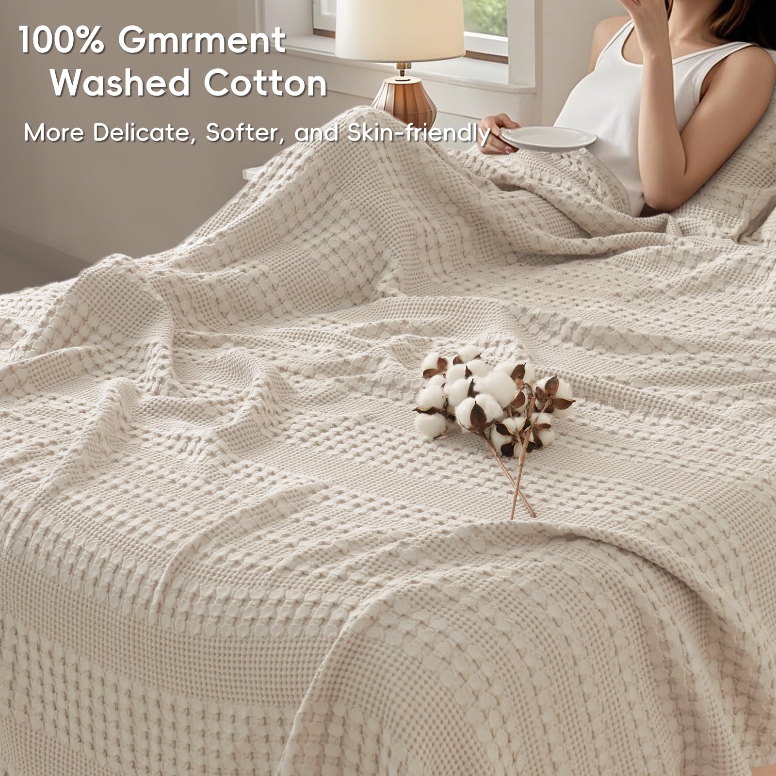 PHF 100% Cotton Waffle Blanket Oversized King 120"x120", Lightweight Breathable Extra Large 10'x10' Blankets for Bed, Giant Big Luxury Aesthetic Woven Bedding for Home Decor, Oatmeal