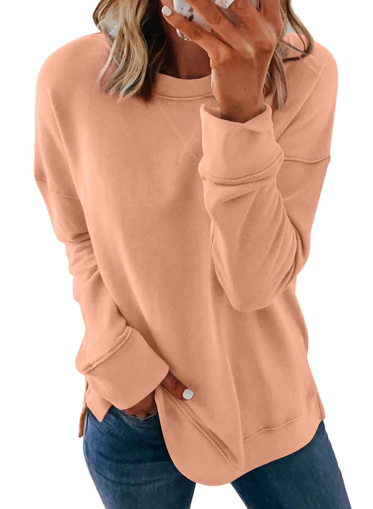 Dokotoo Women's Long Sleeve Crewneck Side Split Pullover Tunic Sweatshirt - Apricot Powder, Large