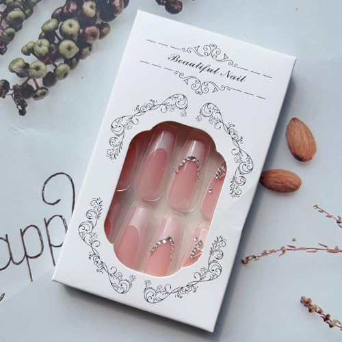 French Tip Press on Nails Long Square Fake Nails 3D Butterfly False Nails White French Tips Square Acrylic Nails Glossy Pink Artificial Nails Full Cover Long Stick on Nails for Women and Girls, 24Pcs