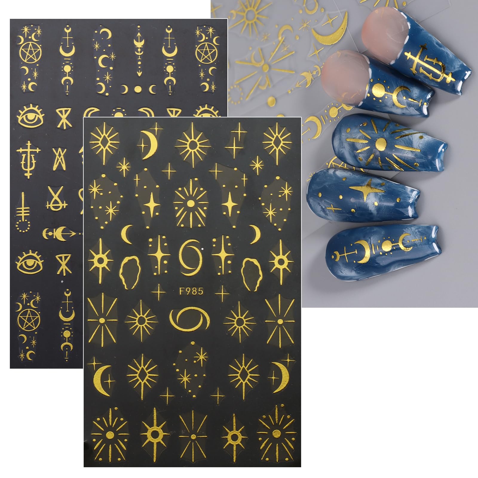 JMEOWIO 8 Sheets Moon Star Sun Nail Art Stickers Decals Self-Adhesive Pegatinas Uñas Gold Nail Supplies Nail Art Design Decoration Accessories