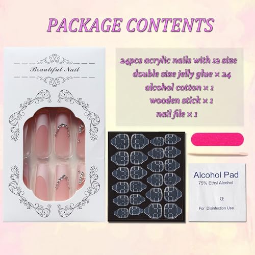 French Tip Press on Nails Long Square Fake Nails 3D Butterfly False Nails White French Tips Square Acrylic Nails Glossy Pink Artificial Nails Full Cover Long Stick on Nails for Women and Girls, 24Pcs