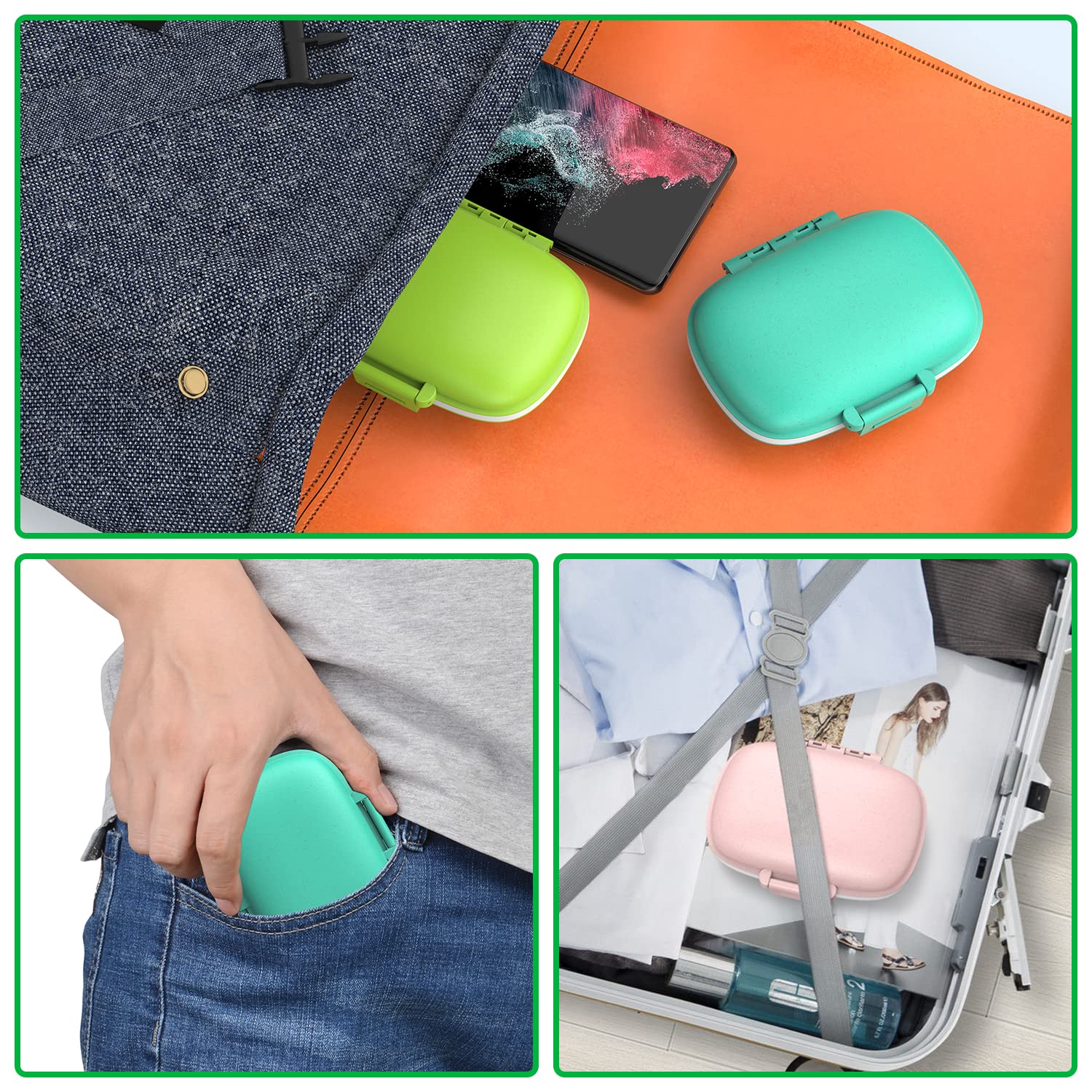3 Pack 8 Compartments Travel Pill Box,Pill Organizer 7 Days Moisture Proof Small Pill Case for Pocket Purse Daily Portable Medicine Vitamin Holder Container(Pink+Blue+Green)
