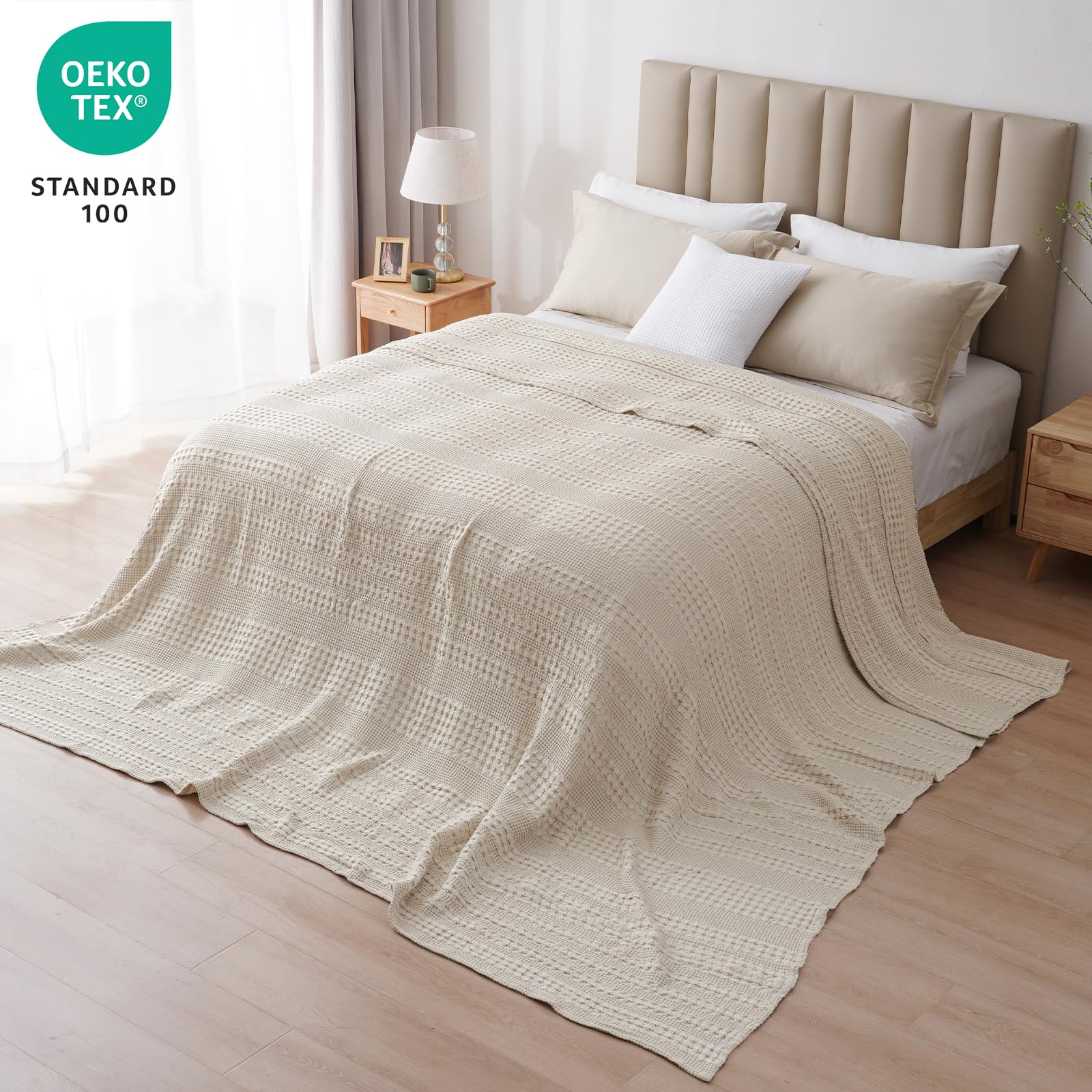 PHF 100% Cotton Waffle Blanket Oversized King 120"x120", Lightweight Breathable Extra Large 10'x10' Blankets for Bed, Giant Big Luxury Aesthetic Woven Bedding for Home Decor, Oatmeal
