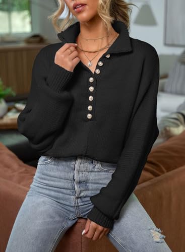 EVALESS Womens Fall Knit Chunky Oversized Sweater 2024 Trendy Fashion Stand Collar Button-Up Long Sleeve V Neck Pullover Tops Outfits Clothes Black X-Large