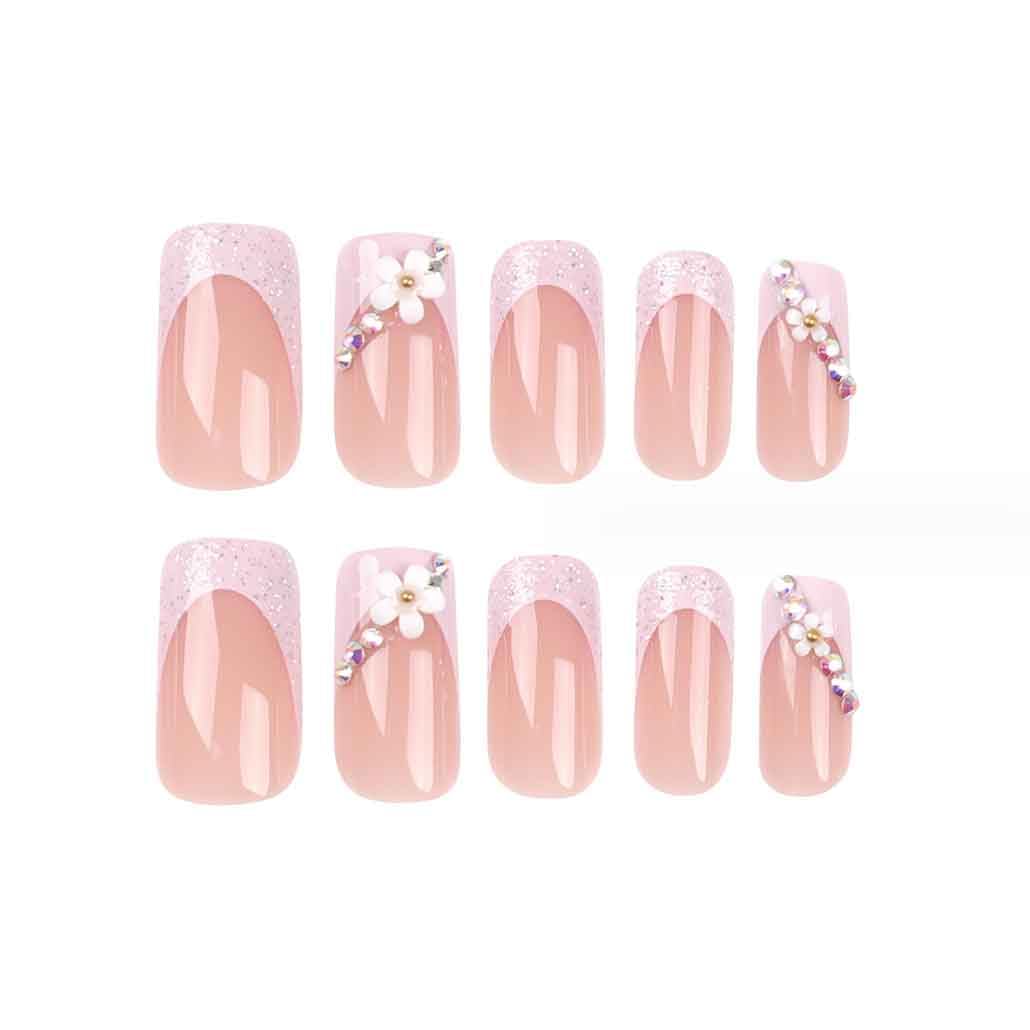 Foccna 3D Flower Fake Nails Square Pink French Press on Nails Long Bling Glossy Rhinestone False Nail Tips Artificial Nails Finger Manicure for Women and Girls 24pcs