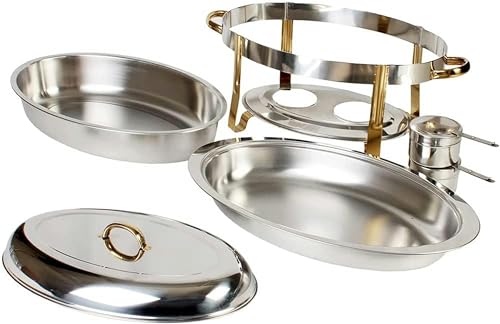 6 Quart Gold Accented Oval Chafing Dish, Full Size Stainless Steel Chafer and Buffet Food Warmers Sets Tray Buffet Catering for Banquets Party (1)