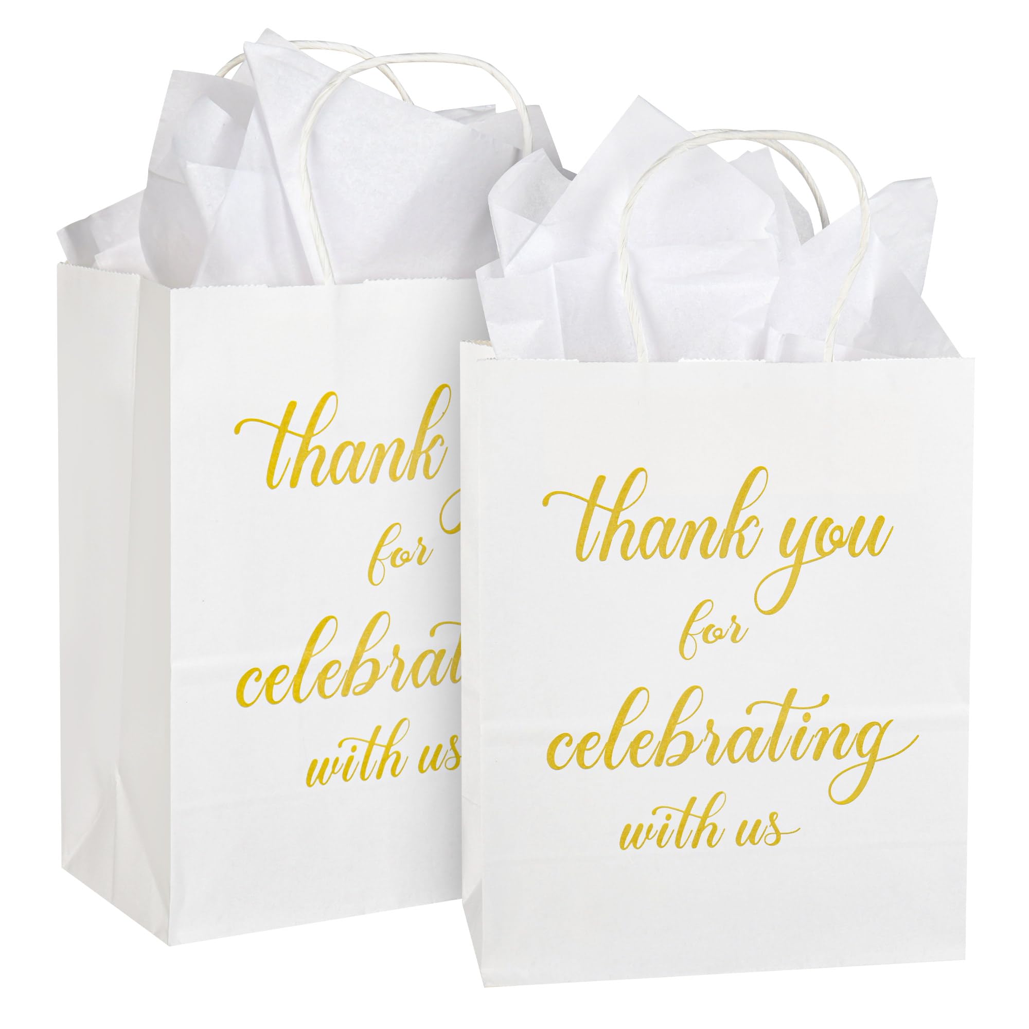 DjinnGlory 50 Pack Medium Sized White Paper Gift Bags with Tissue Paper 10x8x4 Inch, Thank You for Celebrating with Us Bags with Handles for Wedding Welcome Bridal Shower Party Favors Goodies