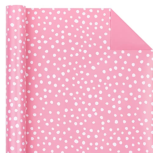 WRAPAHOLIC Reversible Wrapping Paper - Mini Roll - 17 Inch X 33 Feet - Light Pink and Delicate Polka Dots Design for Birthday, Holiday, Wedding, Baby Shower
