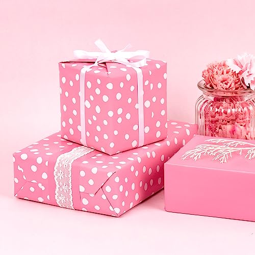WRAPAHOLIC Reversible Wrapping Paper - Mini Roll - 17 Inch X 33 Feet - Light Pink and Delicate Polka Dots Design for Birthday, Holiday, Wedding, Baby Shower