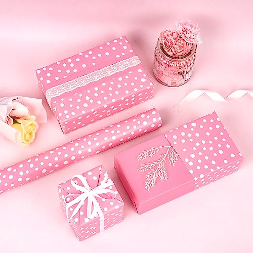 WRAPAHOLIC Reversible Wrapping Paper - Mini Roll - 17 Inch X 33 Feet - Light Pink and Delicate Polka Dots Design for Birthday, Holiday, Wedding, Baby Shower