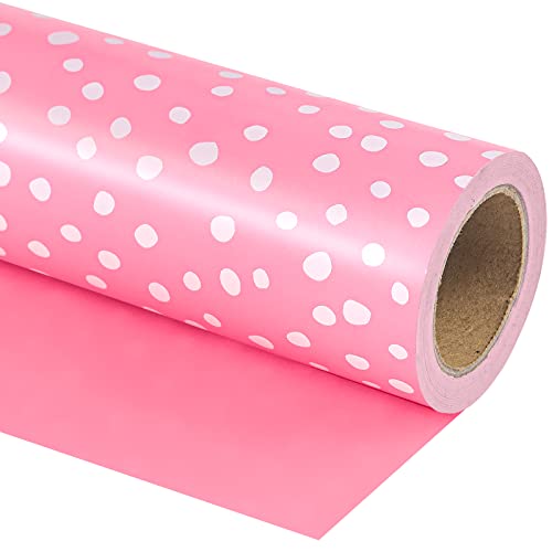 WRAPAHOLIC Reversible Wrapping Paper - Mini Roll - 17 Inch X 33 Feet - Light Pink and Delicate Polka Dots Design for Birthday, Holiday, Wedding, Baby Shower