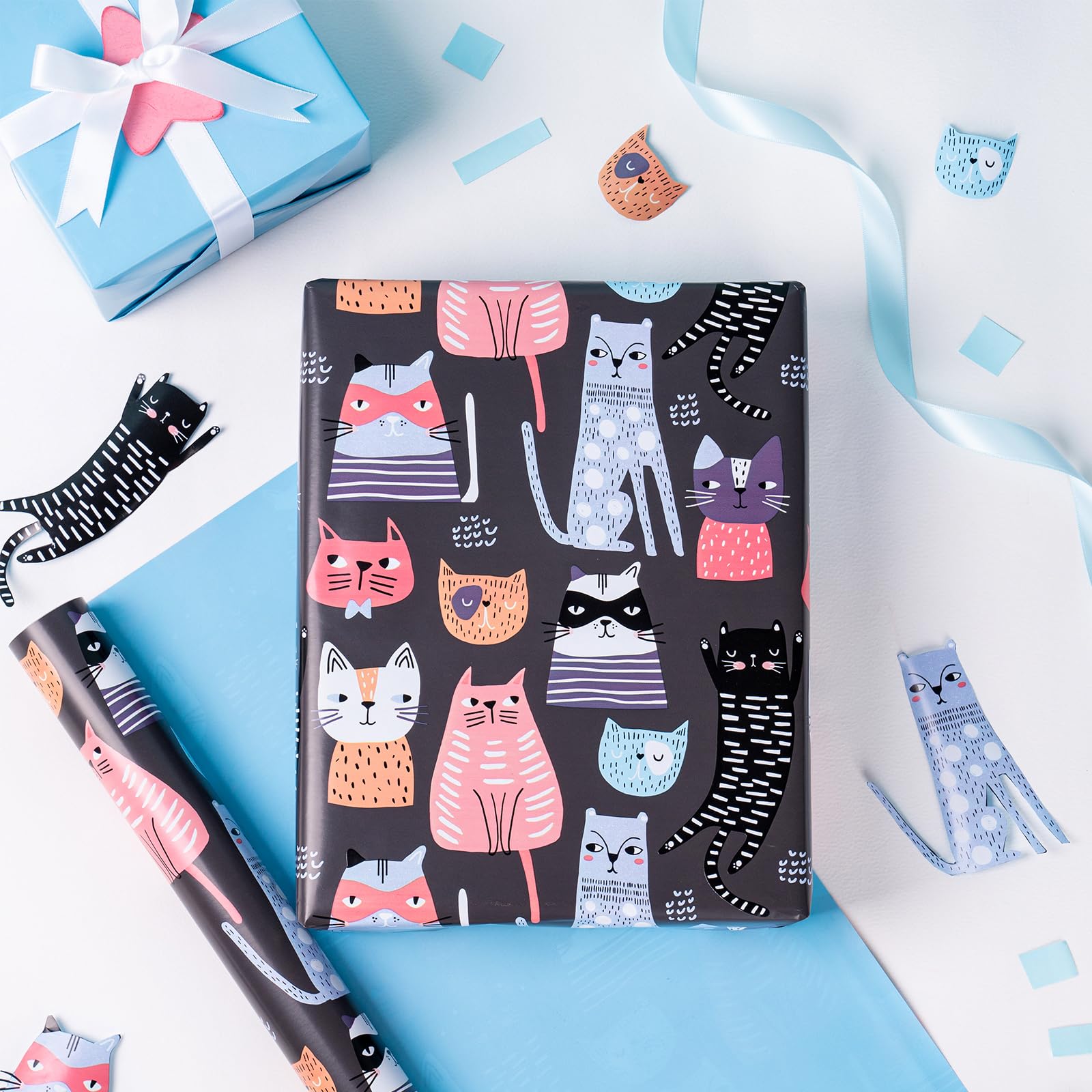 WRAPAHOLIC Reversible Wrapping Paper - Mini Roll - 17 Inch x 33 Feet - Adorable Cat and Solid Blue Design for Birthday, Holiday, Party, Baby Shower