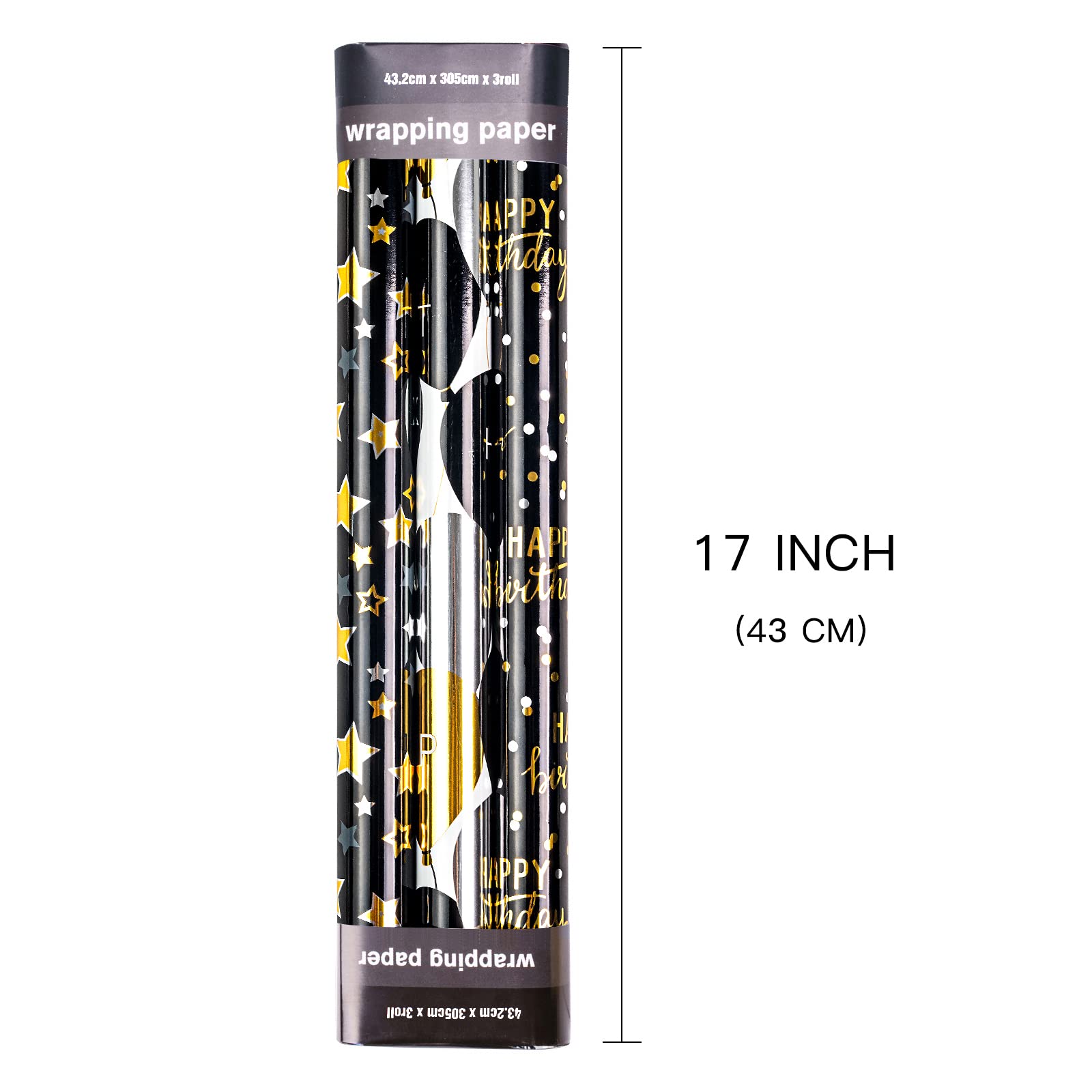 LeZakaa Birthday Wrapping Paper Roll - Mini Roll - Metallic Foil with Balloon, Star and Happy Birthday Lettering - 17 x 120 inches, 3 Rolls (42.5 sq.ft.ttl.)