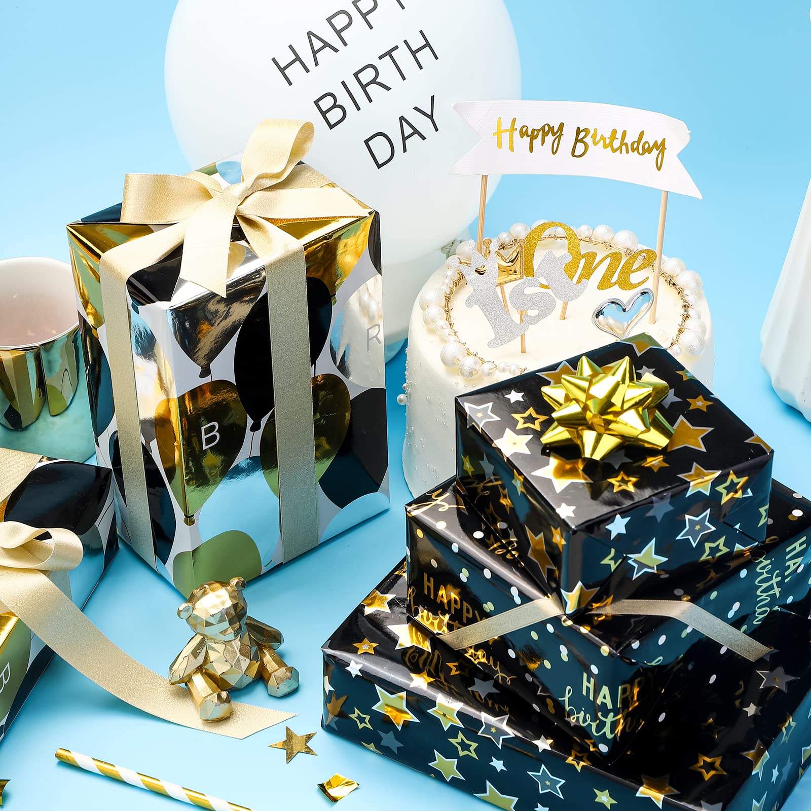 LeZakaa Birthday Wrapping Paper Roll - Mini Roll - Metallic Foil with Balloon, Star and Happy Birthday Lettering - 17 x 120 inches, 3 Rolls (42.5 sq.ft.ttl.)
