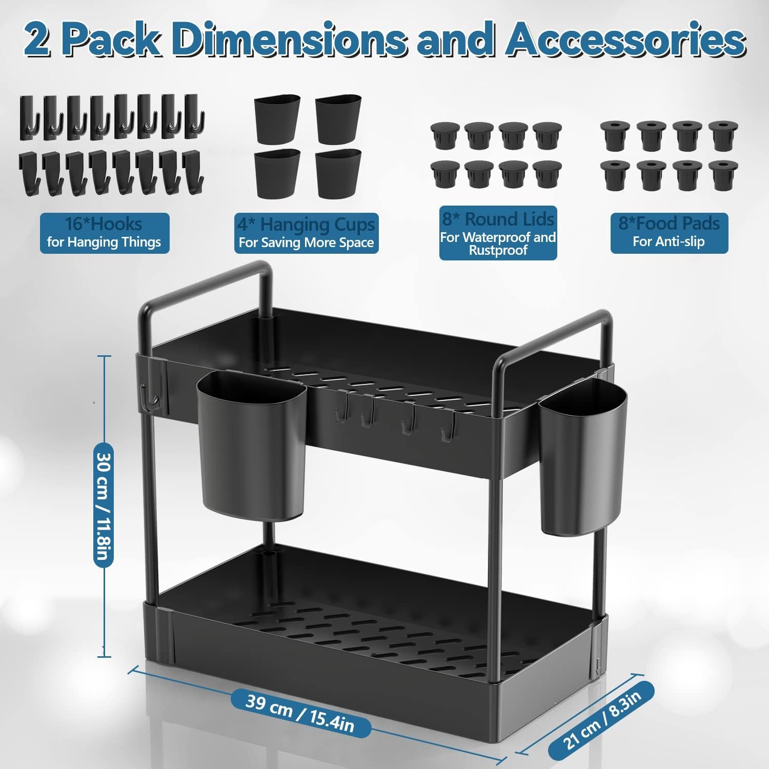 2 Pack Under Sink Organizer, Warmodern 2 Tier Bathroom Organizer Under Sink, Kitchen Cabinet Organizers and Storage Baskets with 16Hooks and 4 Hanging Cups, Multifunction Bathroom Under Sink Organizer