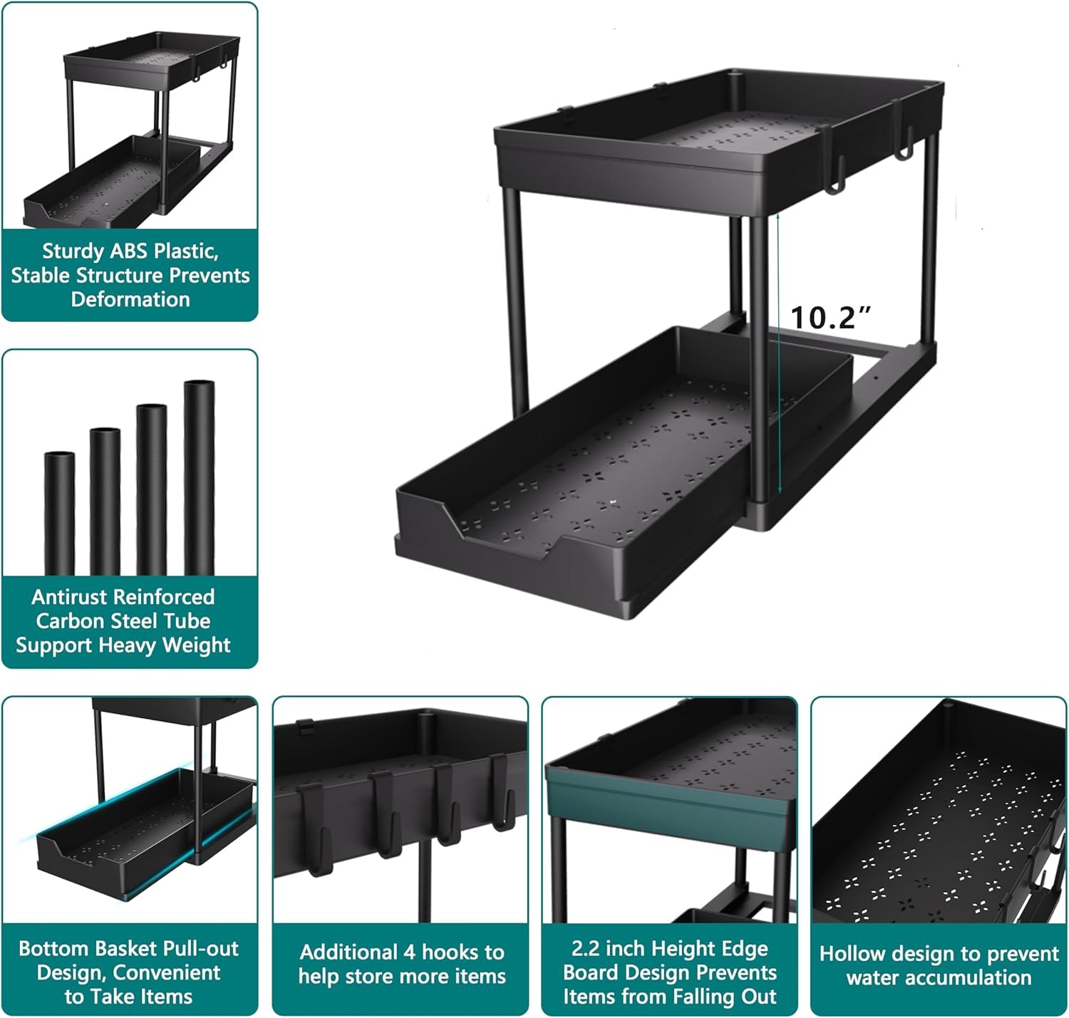 2 Pack Under Sink Organizer, Warmodern 2 Tier Bathroom Organizer Under Sink, Kitchen Cabinet Organizers and Storage Baskets with 16Hooks and 4 Hanging Cups, Multifunction Bathroom Under Sink Organizer