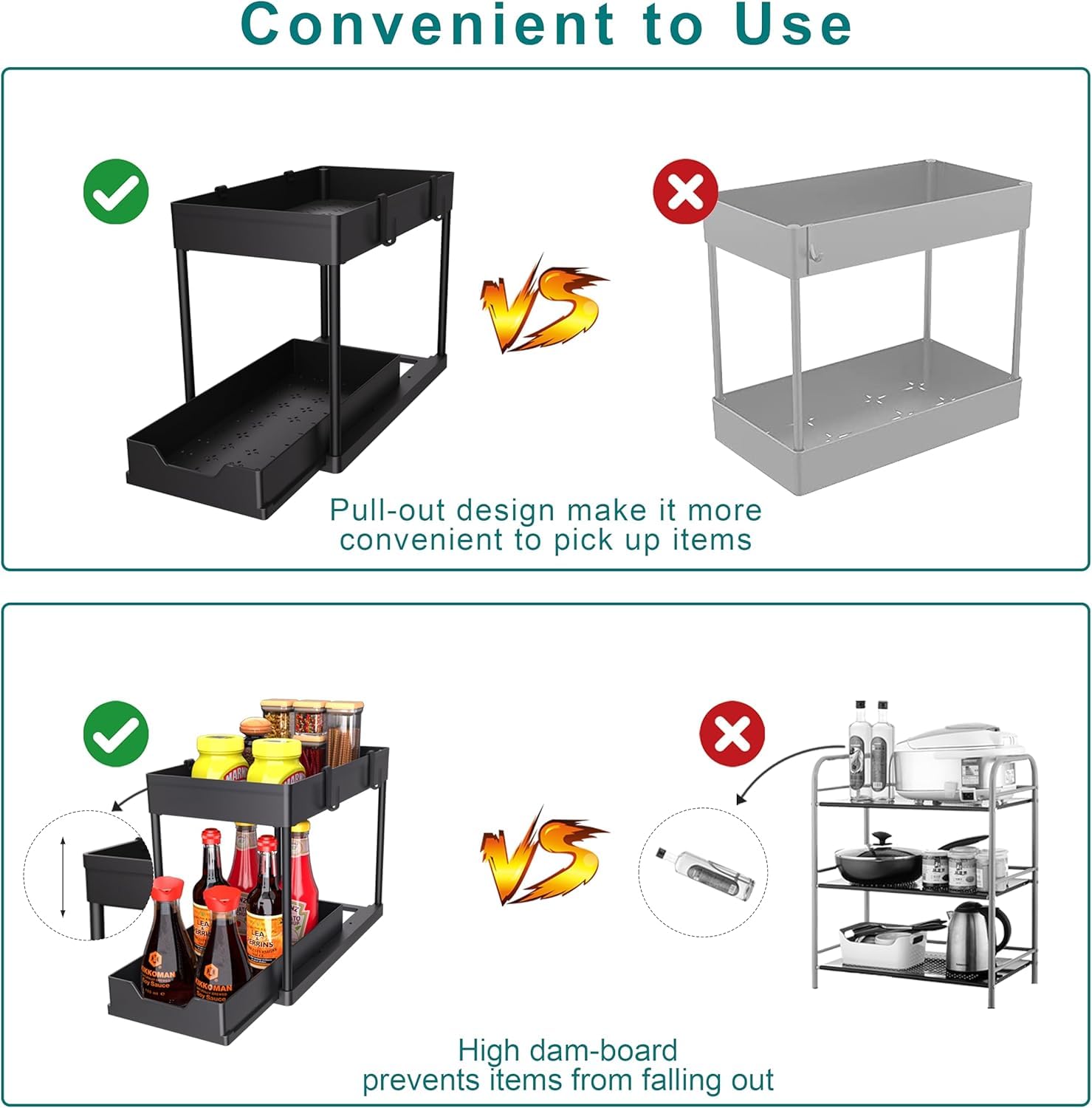 2 Pack Under Sink Organizer, Warmodern 2 Tier Bathroom Organizer Under Sink, Kitchen Cabinet Organizers and Storage Baskets with 16Hooks and 4 Hanging Cups, Multifunction Bathroom Under Sink Organizer