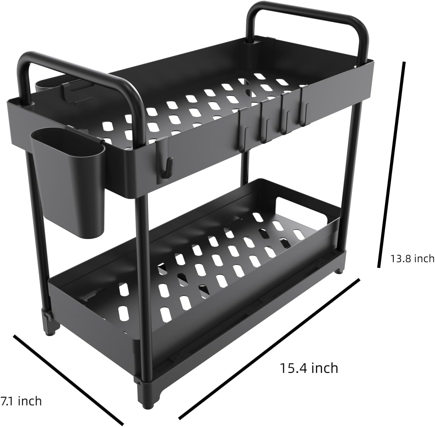2 Pack Under Sink Organizer, Warmodern 2 Tier Bathroom Organizer Under Sink, Kitchen Cabinet Organizers and Storage Baskets with 16Hooks and 4 Hanging Cups, Multifunction Bathroom Under Sink Organizer