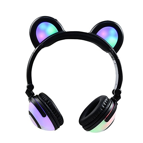 GZCRDZ Kids Headphones Bear Ear-Inspired USB Rechargeable LED Backlight,Wired On/Over Ear Gaming Headsets 85dB Volume Limited for Girls,Boys,Compatible for Kids Tablet,iPad,iPhone,Android,PC(Black)