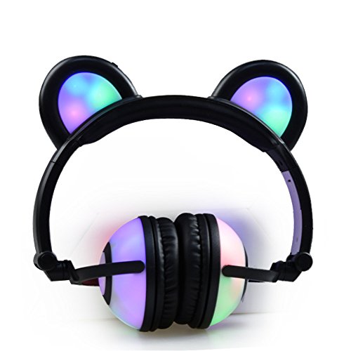 GZCRDZ Kids Headphones Bear Ear-Inspired USB Rechargeable LED Backlight,Wired On/Over Ear Gaming Headsets 85dB Volume Limited for Girls,Boys,Compatible for Kids Tablet,iPad,iPhone,Android,PC(Black)