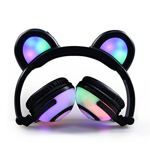 GZCRDZ Kids Headphones Bear Ear-Inspired USB Rechargeable LED Backlight,Wired On/Over Ear Gaming Headsets 85dB Volume Limited for Girls,Boys,Compatible for Kids Tablet,iPad,iPhone,Android,PC(Black)