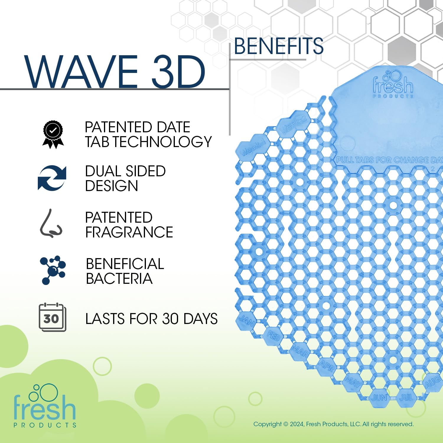 Fresh Products Wave 3D, Virtually eliminates urine splash, 30-Day Use, Easy Installation, Beneficial Bacteria, Consistent Fragrance — Cotton Blossom, Blue, Made In USA, 10pk Urinal Screens