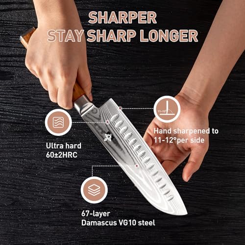 FUJUNI Damascus Santoku Knife 7 inch Damascus VG10 Steel 67-Layer -Olive Wood Handle - Razor Sharp Kitchen Knife with Exquisite Box