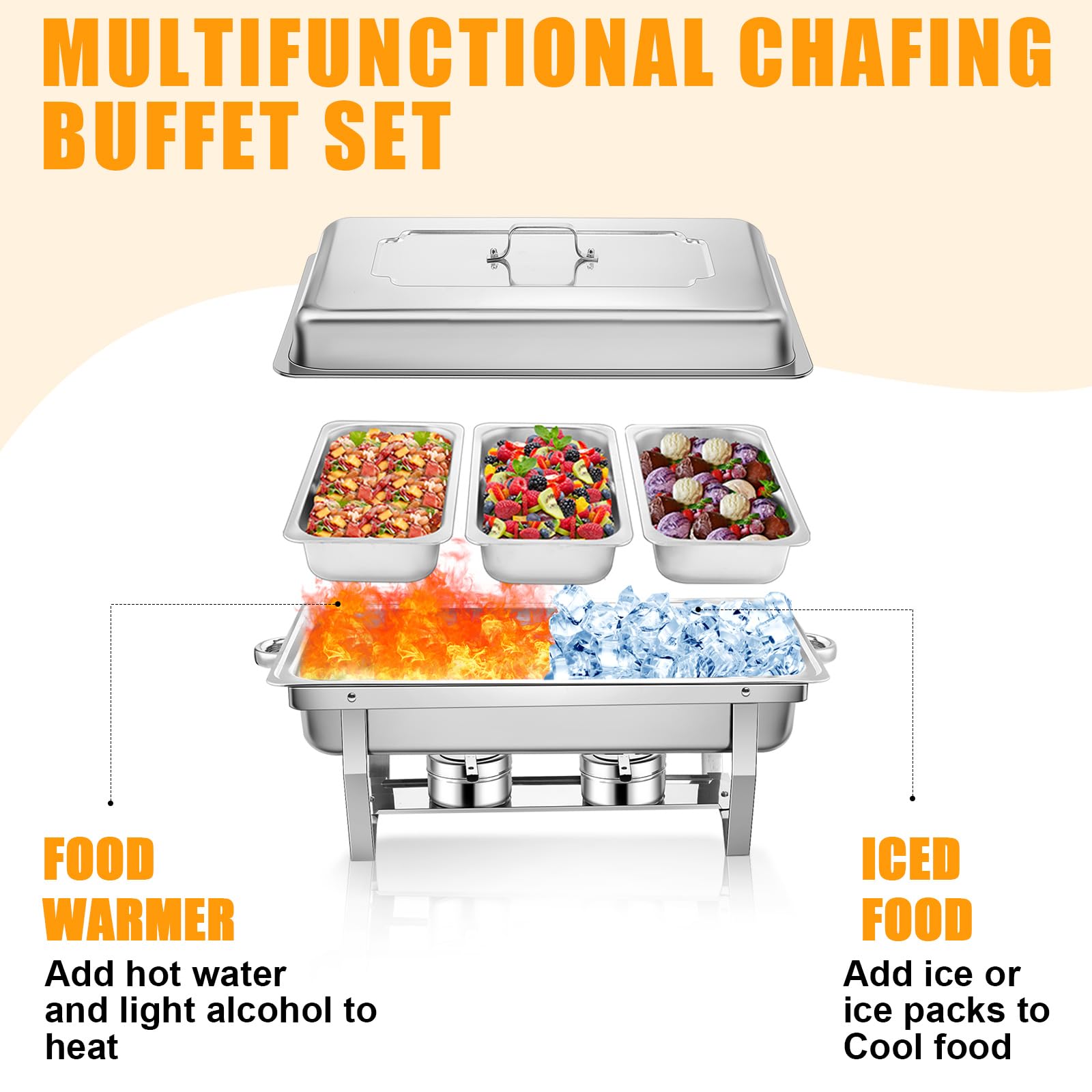 4 Pack Stainless Steel Chafing Dish Buffet Set 8 QT Chafer Dish with 3 1/3 Size Chafing Food Pans Rectangular Catering Warmer Set with Water Pan for Buffet Wedding Parties Banquets Catering Events