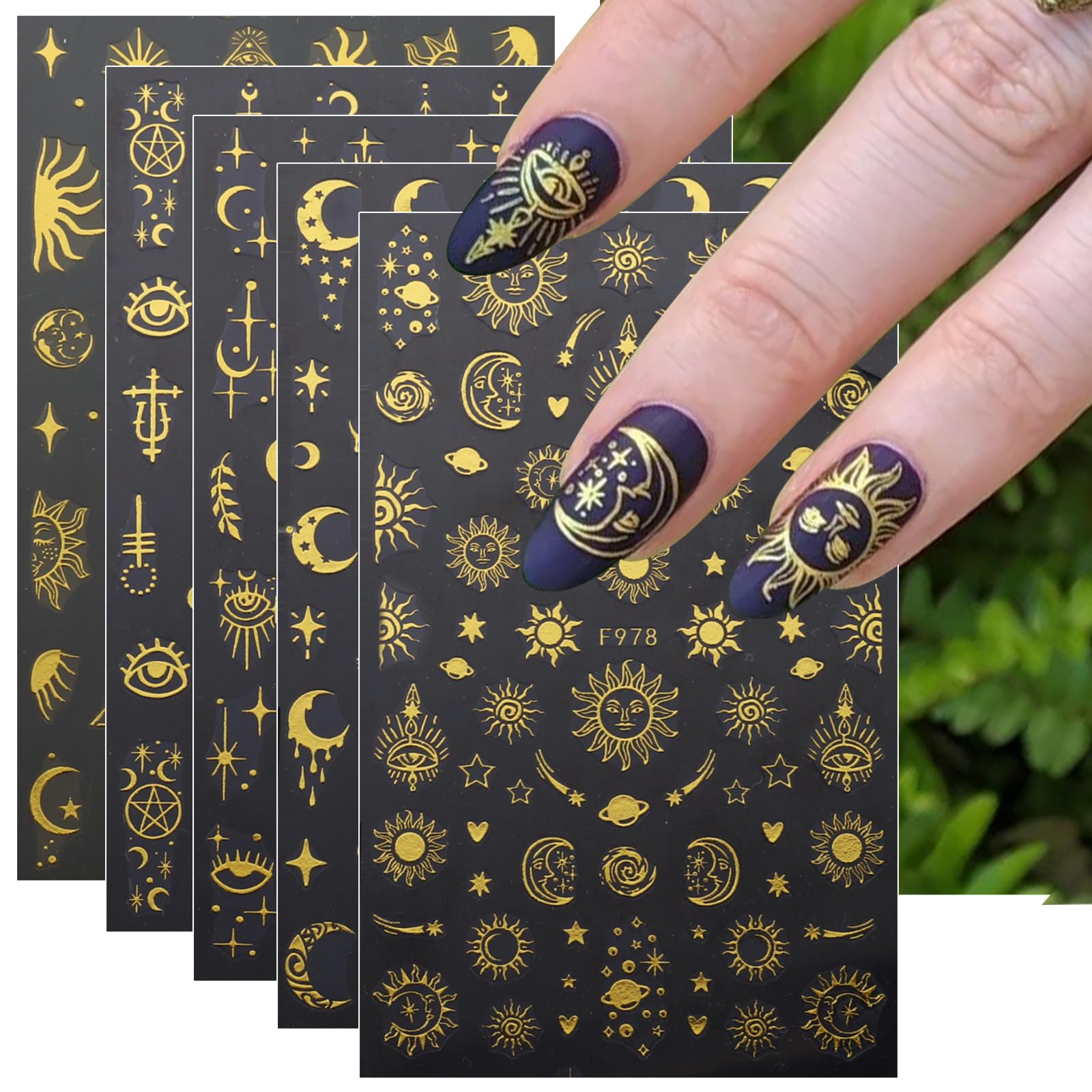 JMEOWIO 8 Sheets Moon Star Sun Nail Art Stickers Decals Self-Adhesive Pegatinas Uñas Gold Nail Supplies Nail Art Design Decoration Accessories