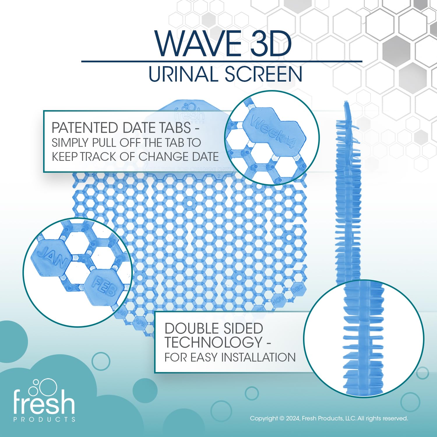 Fresh Products Wave 3D, Virtually eliminates urine splash, 30-Day Use, Easy Installation, Beneficial Bacteria, Consistent Fragrance — Cotton Blossom, Blue, Made In USA, 10pk Urinal Screens