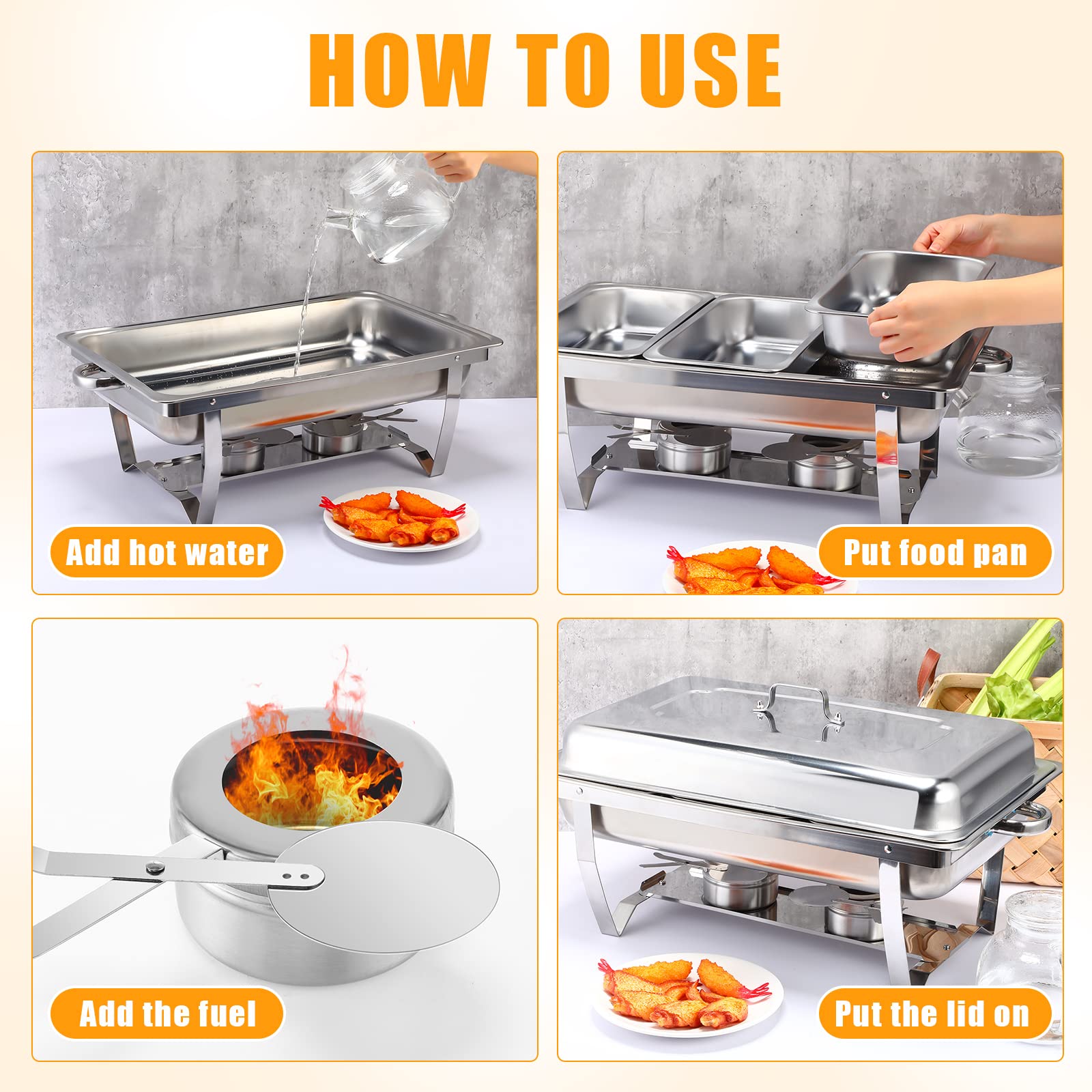 4 Pack Stainless Steel Chafing Dish Buffet Set 8 QT Chafer Dish with 3 1/3 Size Chafing Food Pans Rectangular Catering Warmer Set with Water Pan for Buffet Wedding Parties Banquets Catering Events