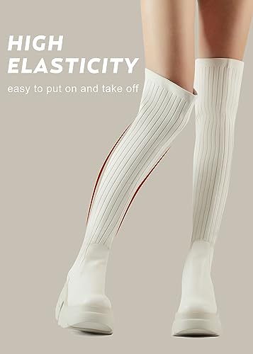 Shoe'N Tale Thigh High Knit Sock Boots Round Toe Mid Chunky Heel Stretch Over the Knee Boots for Women(7,Cream-unique Heel)