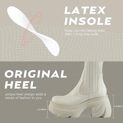 Shoe'N Tale Thigh High Knit Sock Boots Round Toe Mid Chunky Heel Stretch Over the Knee Boots for Women(7,Cream-unique Heel)