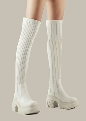 Shoe'N Tale Thigh High Knit Sock Boots Round Toe Mid Chunky Heel Stretch Over the Knee Boots for Women(7,Cream-unique Heel)