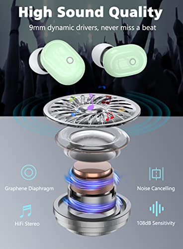 Wireless Earbuds, Bluetooth Earphones Stereo HiFi Sound Noise Cancelling with Built-in Microphone, True Wireless Headphones In-Ear Earbuds for Sports and Work, Compatible with iPhone, Android- Green