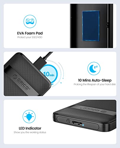 ORICO 2.5'' Hard Drive Enclosure, Upgraded Tool-Free 5Gbps USB 3.0 to SATA External Hard Drive Case for 2.5 Inch 7mm 9.5mm SSD HDD Max 6TB, UASP Supported, Black(2577U3)